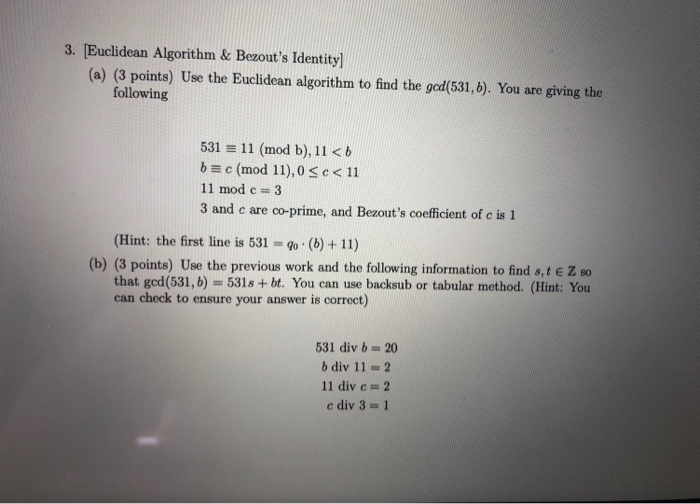 Solved 3 Euclidean Algorithm And Bezout S Identity A 3