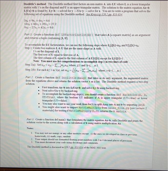 Solved Doolittle's method: The Doolittle method first | Chegg.com