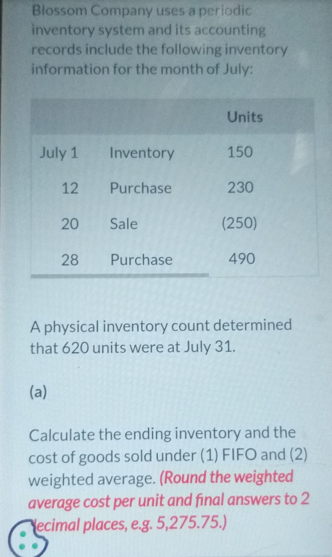 Blossom Company uses a periodic inventory system and | Chegg.com