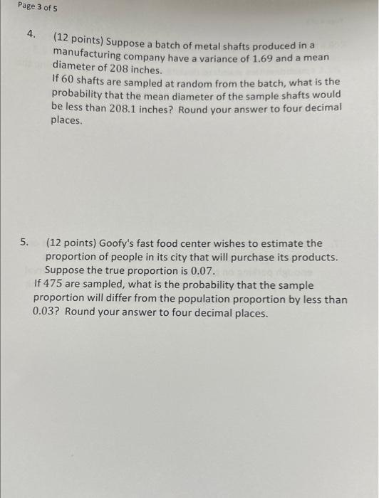Solved 4. (12 points) Suppose a batch of metal shafts | Chegg.com