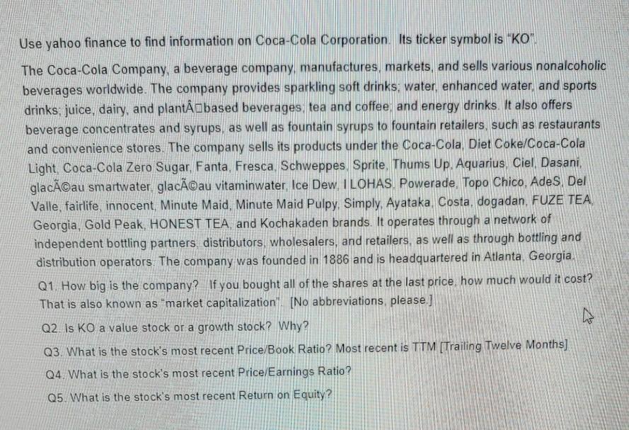 Solved Use yahoo finance to find information on Coca-Cola | Chegg.com