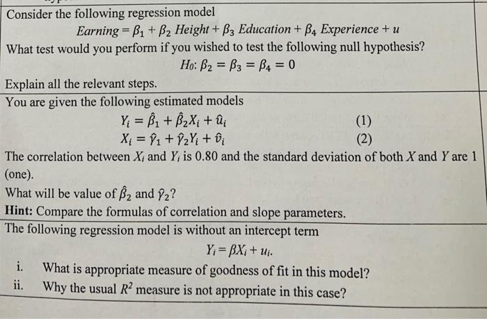Solved Consider the following regression model Earning | Chegg.com