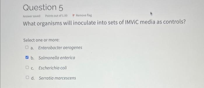 What organisms will inoculate into sets of IMViC | Chegg.com