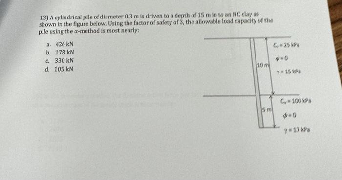 Solved 13) A cylindrical pile of diameter 0.3 m is driven to | Chegg.com