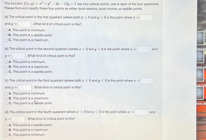 Solved The function f(x,y)=x3+y3−3x−12y+1 has four critical | Chegg.com