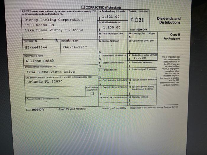 CORRECTED (if checked) Fonn 1099-DIV (keep for your | Chegg.com