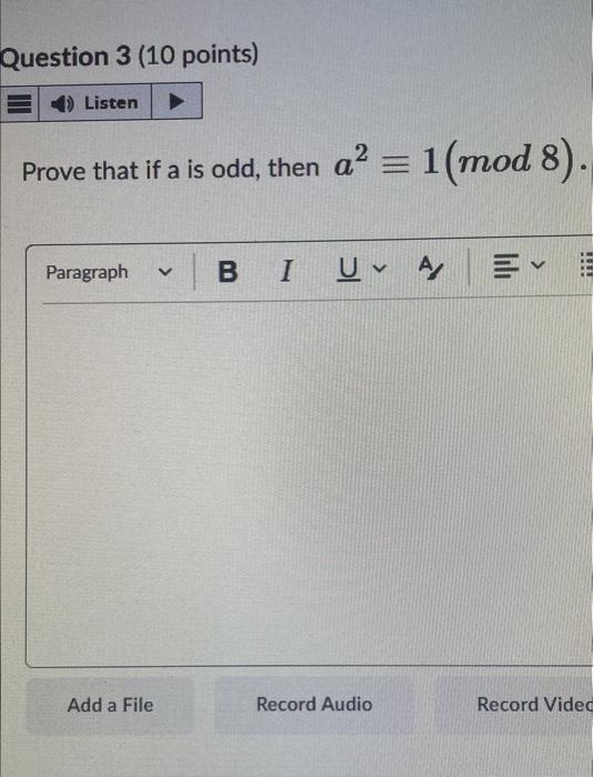 Solved Prove that if a is odd, then a2≡1(mod8) | Chegg.com