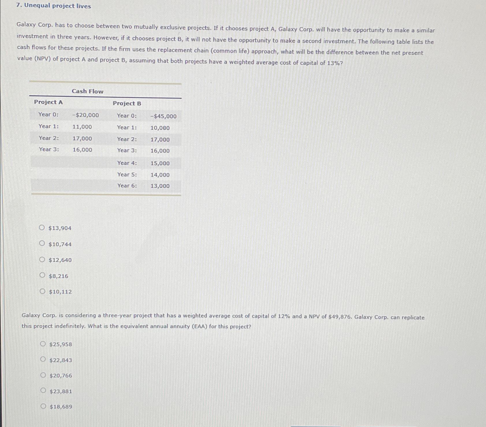 Solved Unequal project livesGalaxy Corp. has to choose | Chegg.com