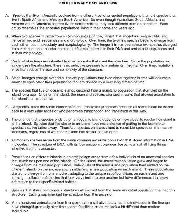 Solved EVOLUTIONARY EXPLANATIONS A. Species that live in | Chegg.com