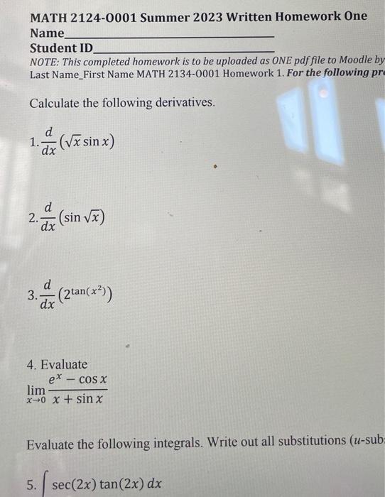 Solved MATH 2124-0001 Summer 2023 Written Homework One Name | Chegg.com