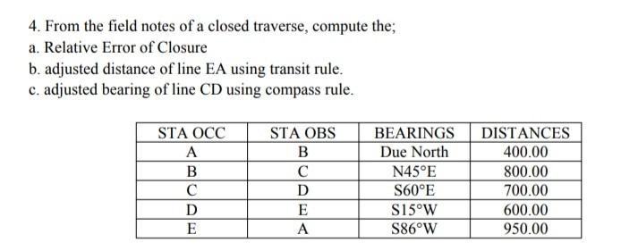 Solved 4. From the field notes of a closed traverse, compute | Chegg.com