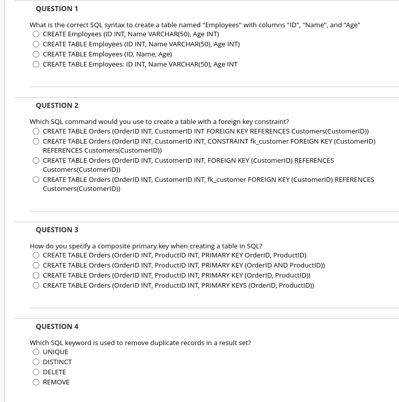 Solved QUESTION 1What is the correct SQL syntax to create a | Chegg.com