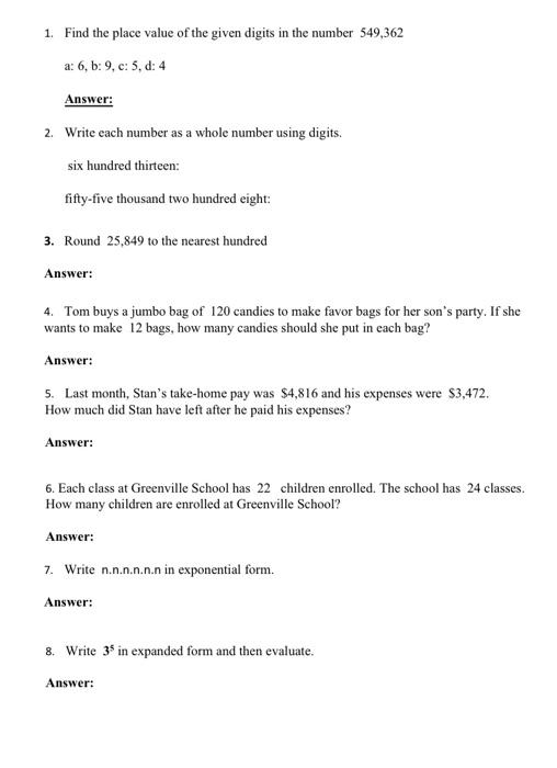 Solved 1. Find the place value of the given digits in the | Chegg.com