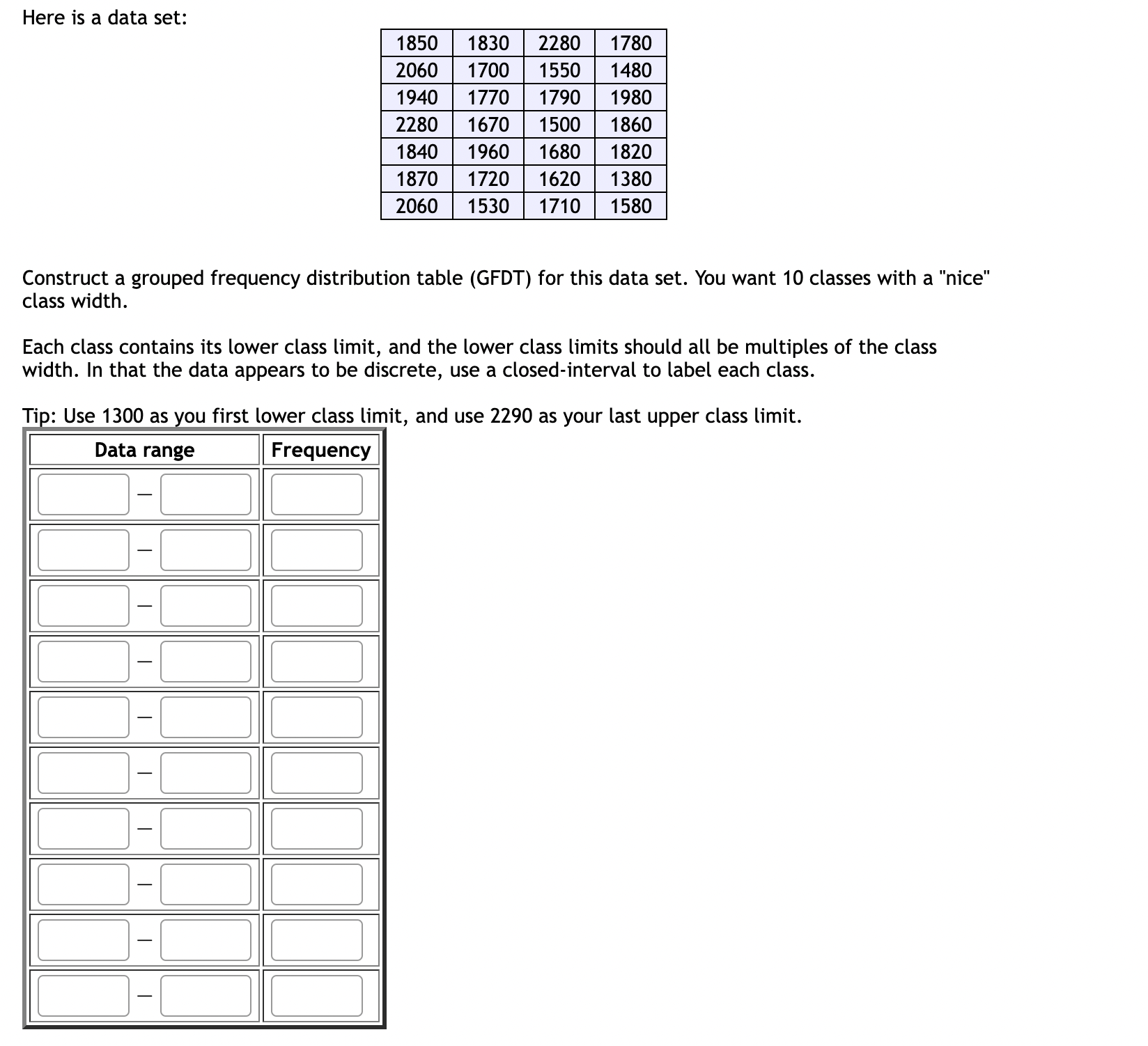 Solved Here is a data set: Construct a grouped frequency | Chegg.com