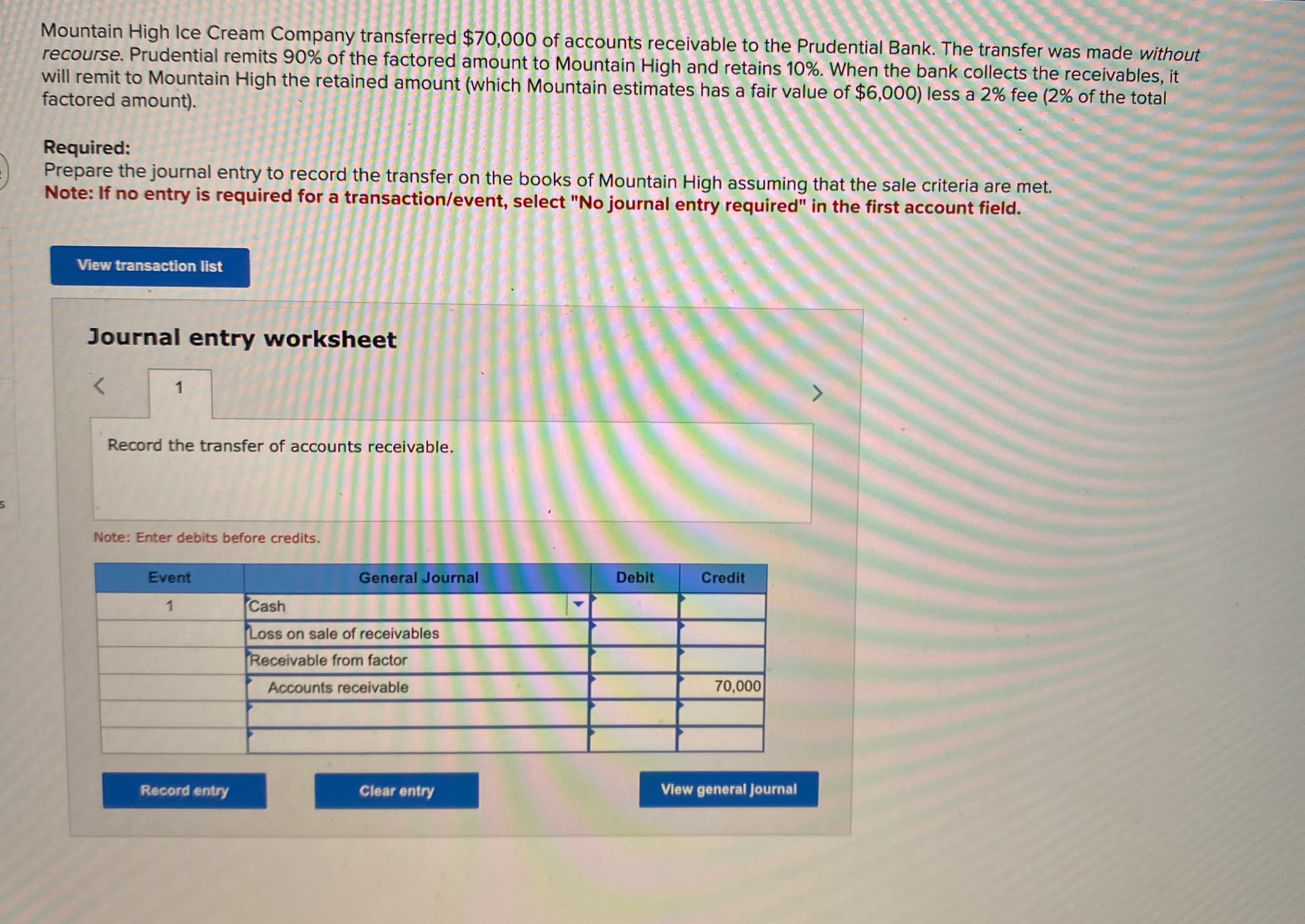 Solved Mountain High Ice Cream Company transferred $70,000 | Chegg.com