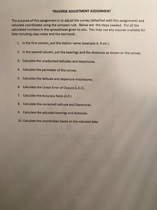 Solved TRAVERSE ADJUSTMENT ASSIGNMENT The purpose of this | Chegg.com