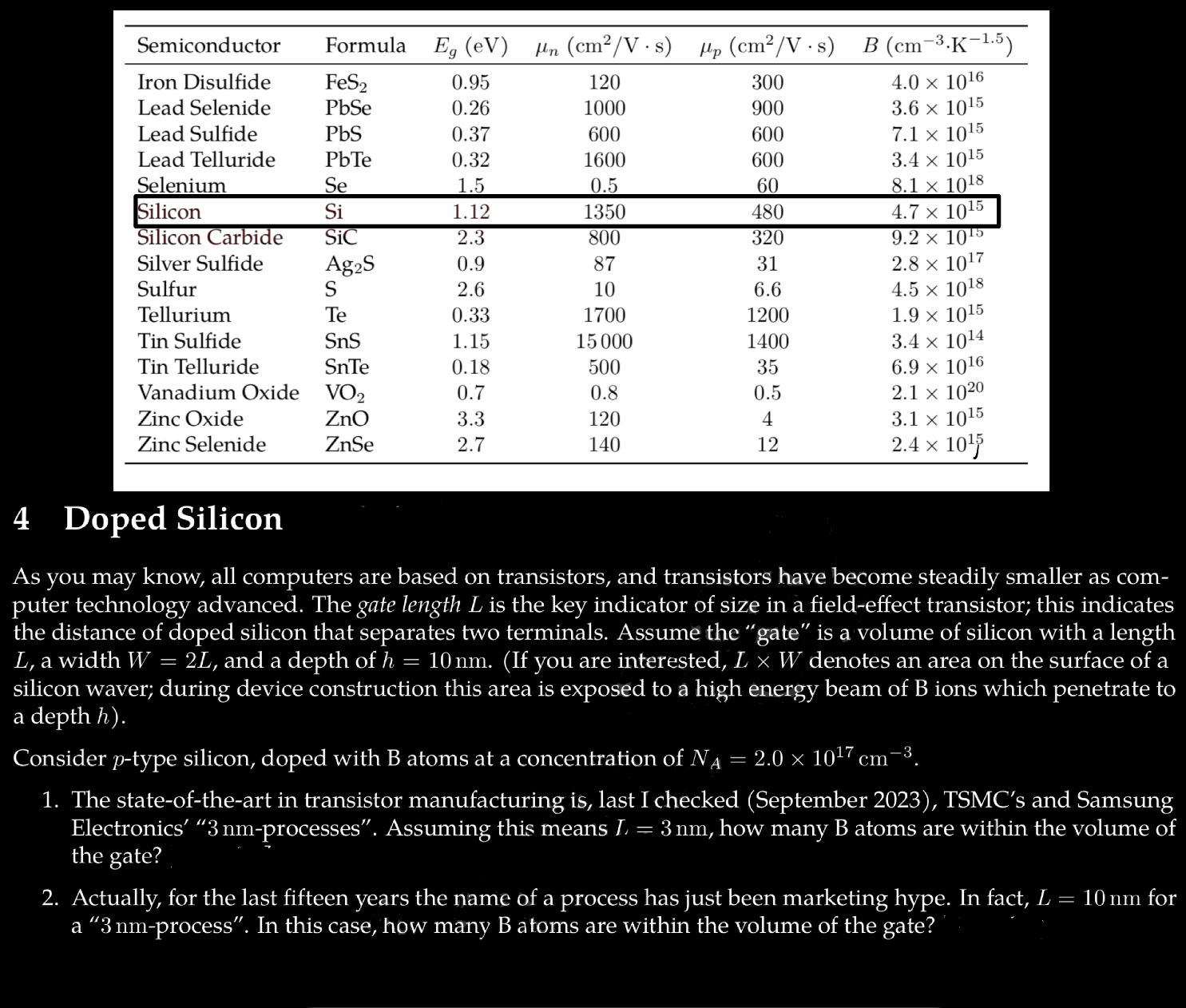 Solved \table[[Semiconductor,Formula,Eg(eV),μn(cm2V*s),μp(cm | Chegg.com