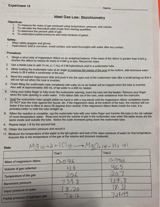 Experiment 13 Namer Ideal Gas Law: Stoichiometry | Chegg.com