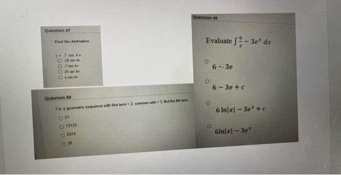 Solved Evaluate ∫x6−3exdx 6−3e 6−3e+c 6ln∣x∣−3ex+c For a | Chegg.com