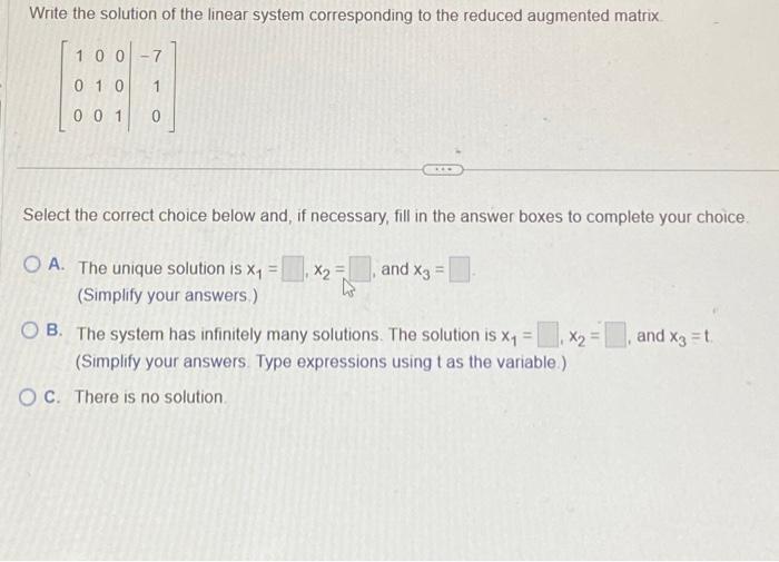Solved Write the solution of the linear system corresponding | Chegg.com