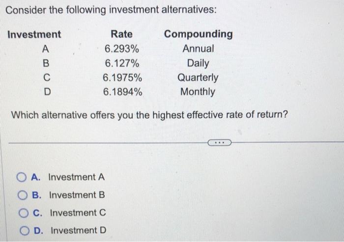 Solved Consider the following investment alternatives: Which | Chegg.com