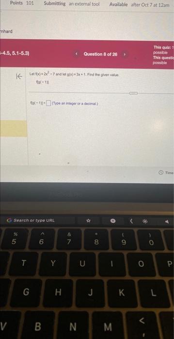 Solved Let 1x)=2x2−7 and lotg(x)=3x+1. Find the over value. | Chegg.com