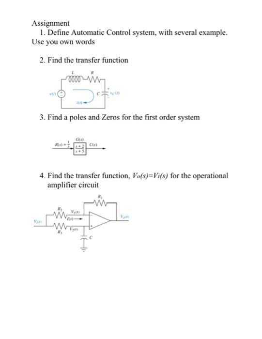 Solved Assignment 1. Define Automatic Control system, with | Chegg.com