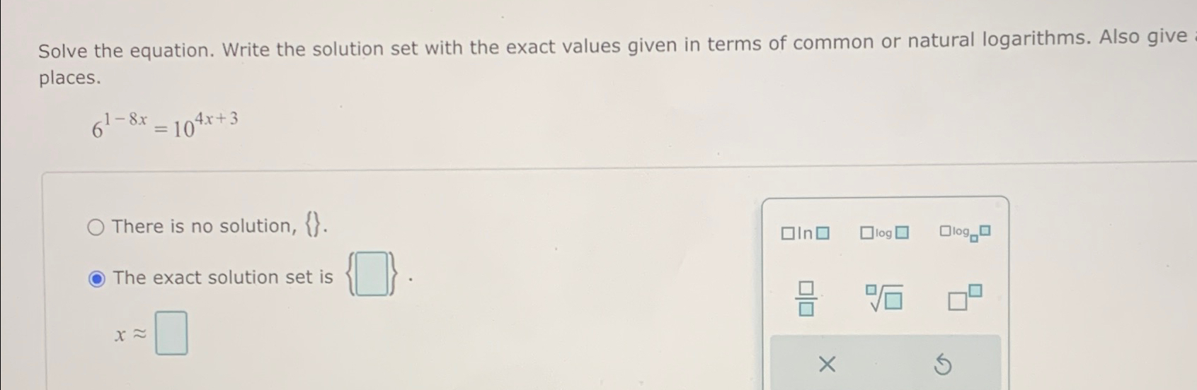 Solved Solve the equation. Write the solution set with the | Chegg.com