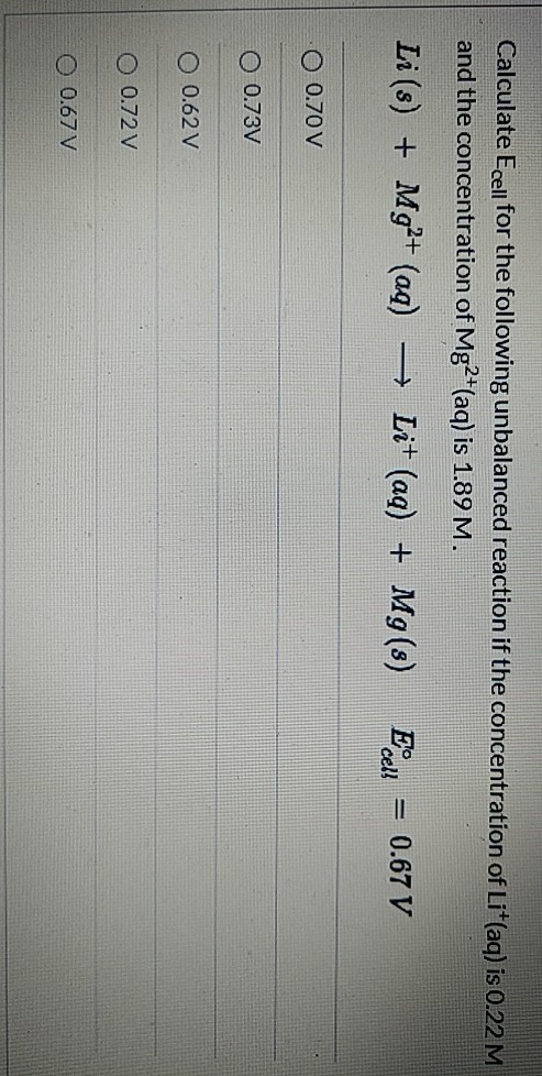 Solved Calculate Ecell For The Following Unbalanced Reaction
