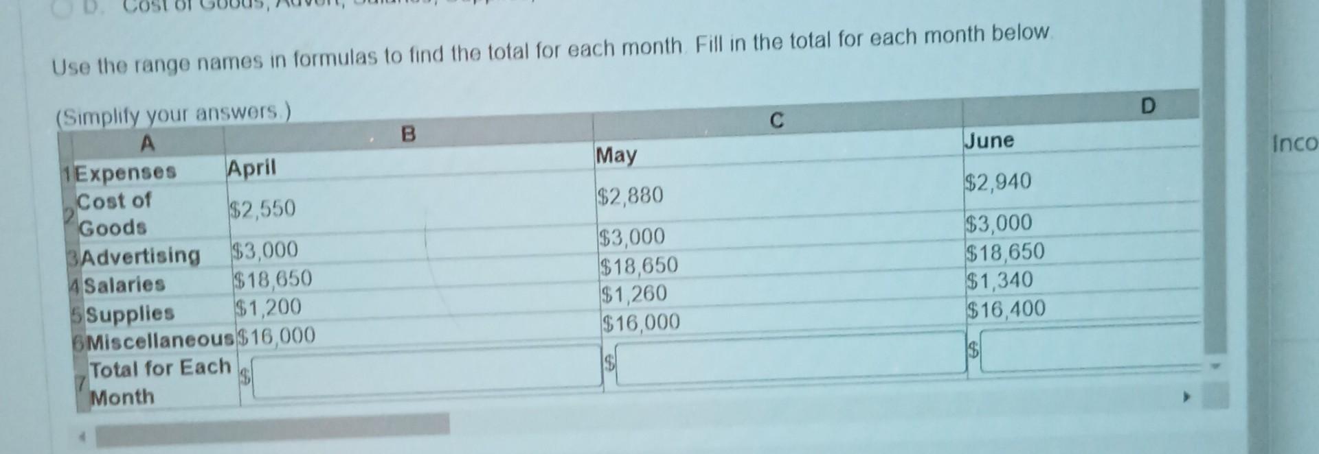 Solved Use the range names in formulas to find the total for | Chegg.com