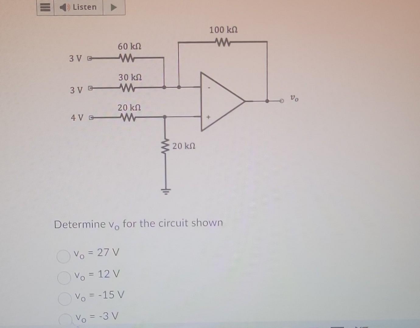 Solved Determine v0 for the circuit shown vO=27 VvO=12 | Chegg.com