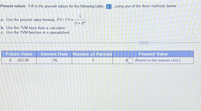 Solved Present values. Fill in the present values for the | Chegg.com