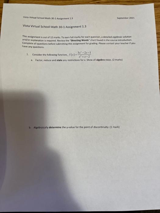 Solved Vista Virtual School Math 30-1 Assignment 1.3 | Chegg.com