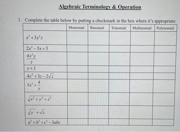 Solved Algebraic Terminology \& Operation | Chegg.com