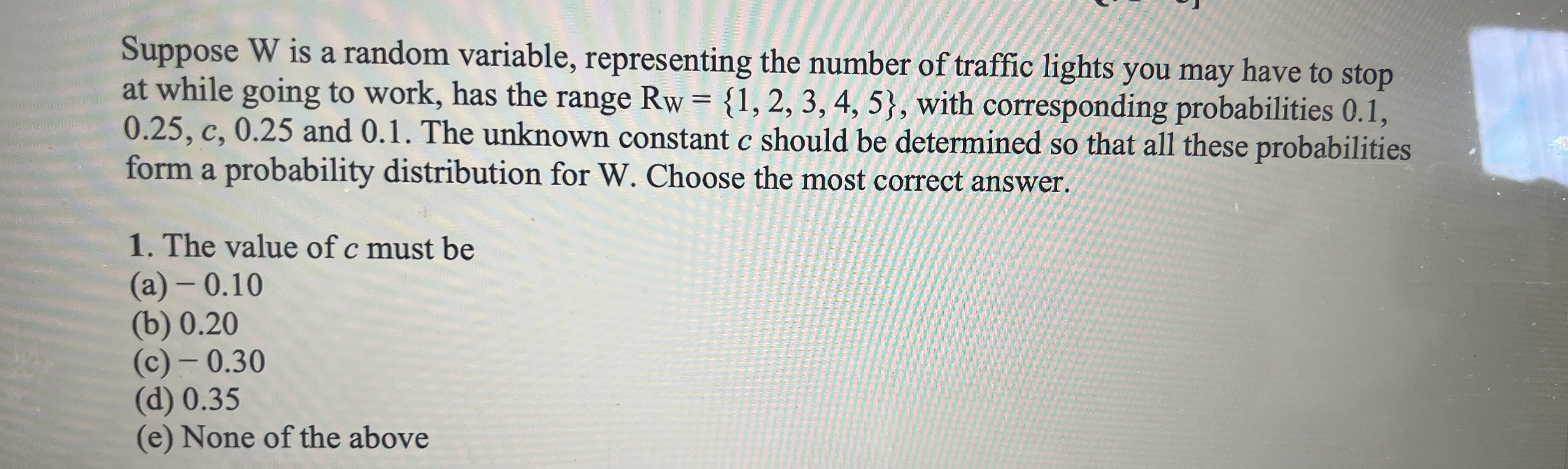 Solved Suppose W is a random variable, representing the | Chegg.com