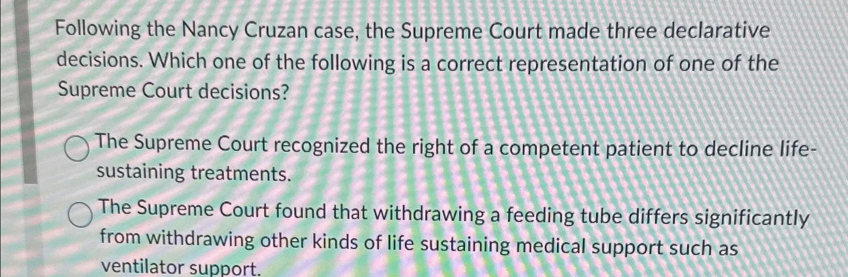 Solved Following the Nancy Cruzan case, the Supreme Court | Chegg.com