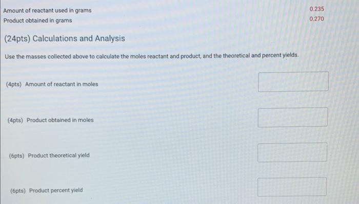 Solved Amount of reactant used in grams Product obtained in | Chegg.com