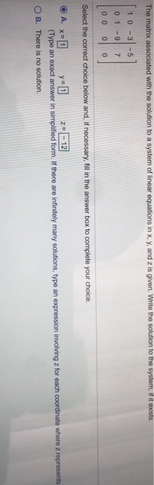 Solved The matrix associated with the solution to a system | Chegg.com