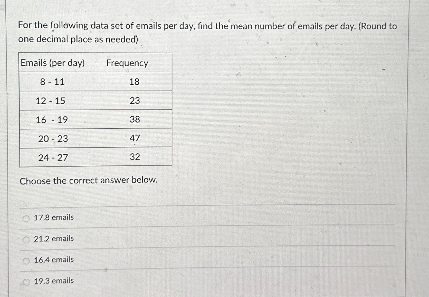Solved For the following data set of emails per day, find | Chegg.com