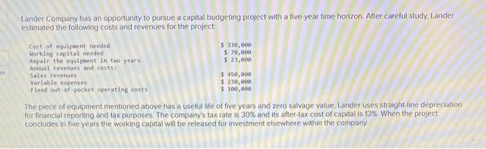 Solved Lander Company has an opportunity to pursue a capital | Chegg.com