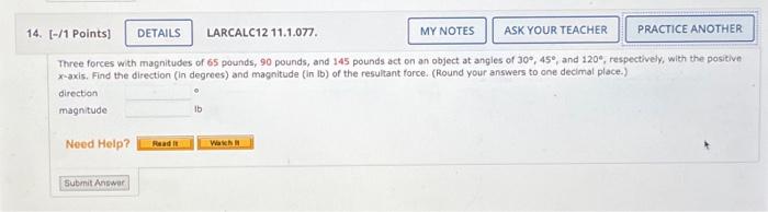 Solved Three forces with magnitudes of 65 pounds, 90 pounds, | Chegg.com