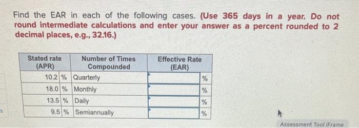 Solved Find the EAR in each of the following cases. (Use 365 | Chegg.com