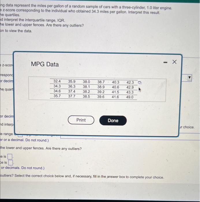 Solved The accompanying data represent the miles per gallon | Chegg.com