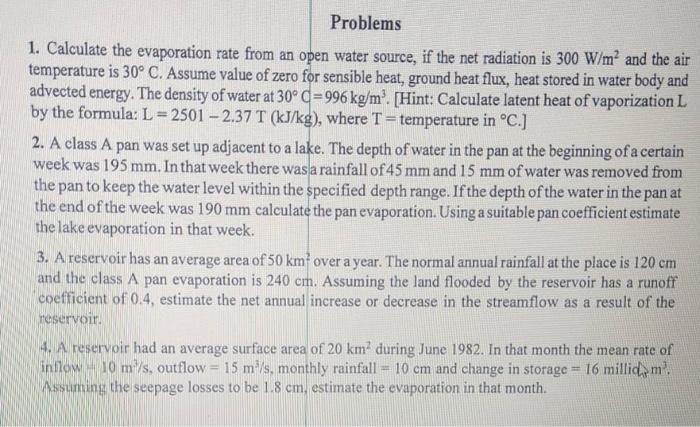 Solved Problems 1. Calculate the evaporation rate from an | Chegg.com