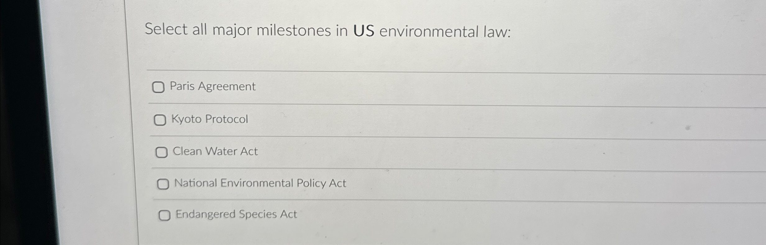 Solved Select all major milestones in US environmental | Chegg.com