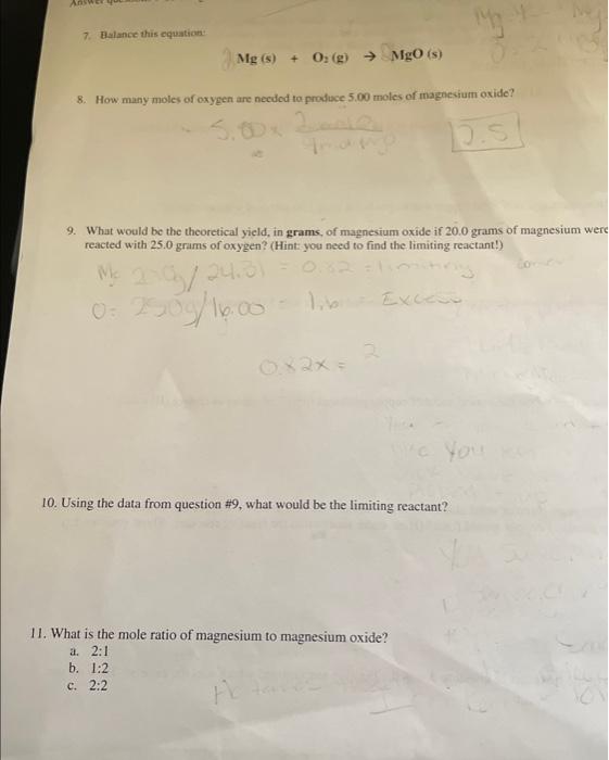 Solved 7. Balance this equation: Mg(s)+O2( g)→MgO(s) 8. How | Chegg.com