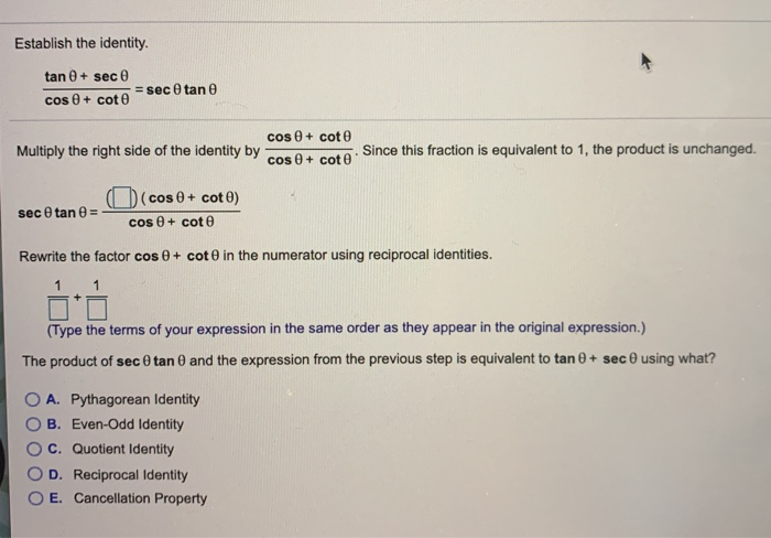 Solved Establish the identity. tan 0+ sec = sec tan cos + | Chegg.com