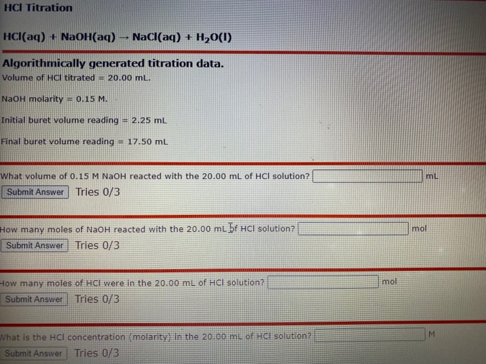 Solved HCI Titration HCl(aq) + NaOH(aq) - NaCl(aq) + H2O(1) | Chegg.com