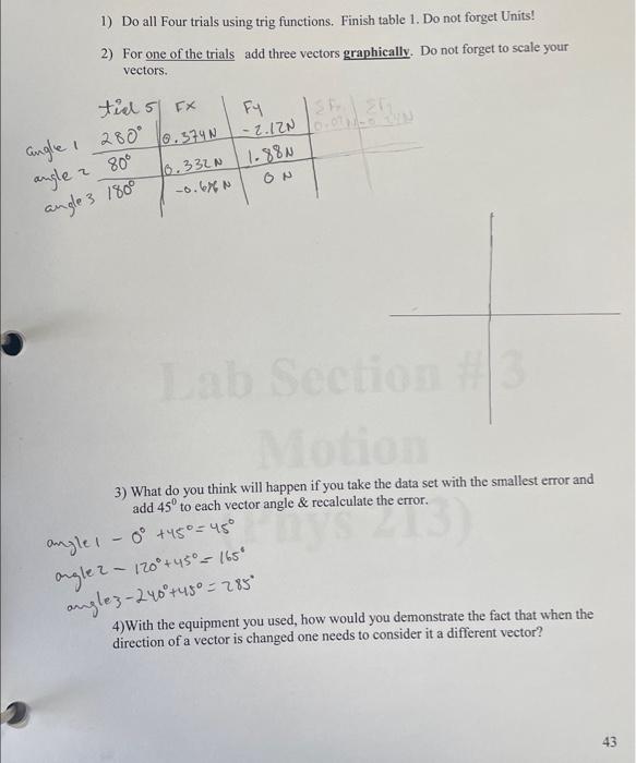 Solved 1) Do all Four trials using trig functions. Finish | Chegg.com
