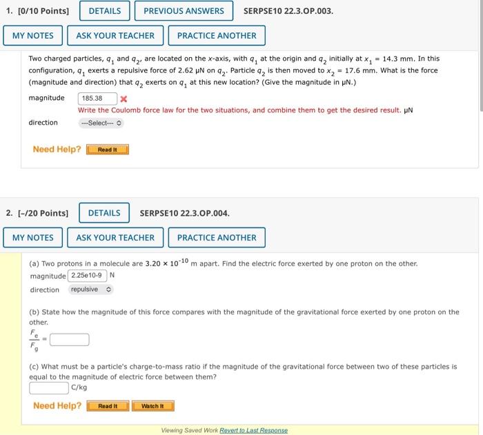 Solved Two charged particles, q1 and q2, are located on the | Chegg.com